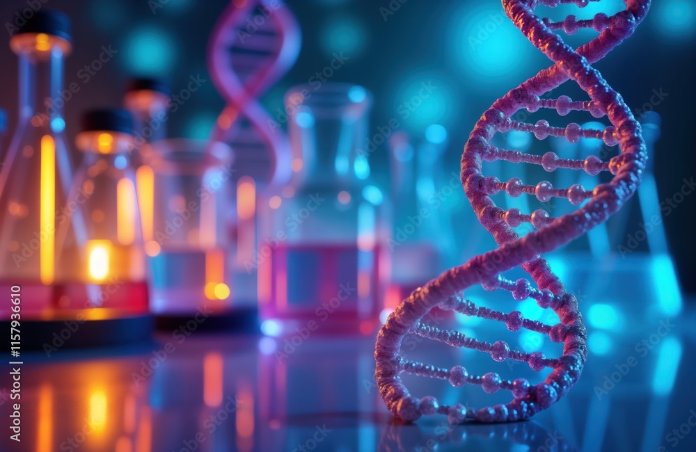 DNA helix genetic disease study. Test tubes surround DNA structure ...