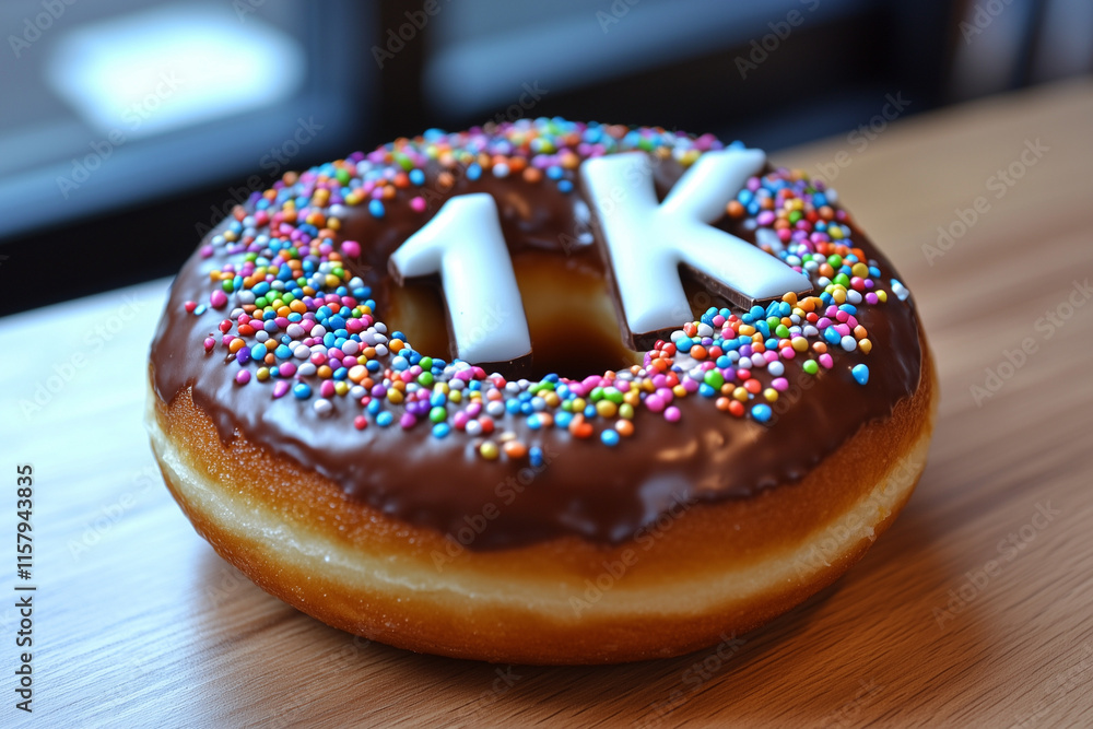 donut in shape of "1K" that has chocolate frosting and colorful ...