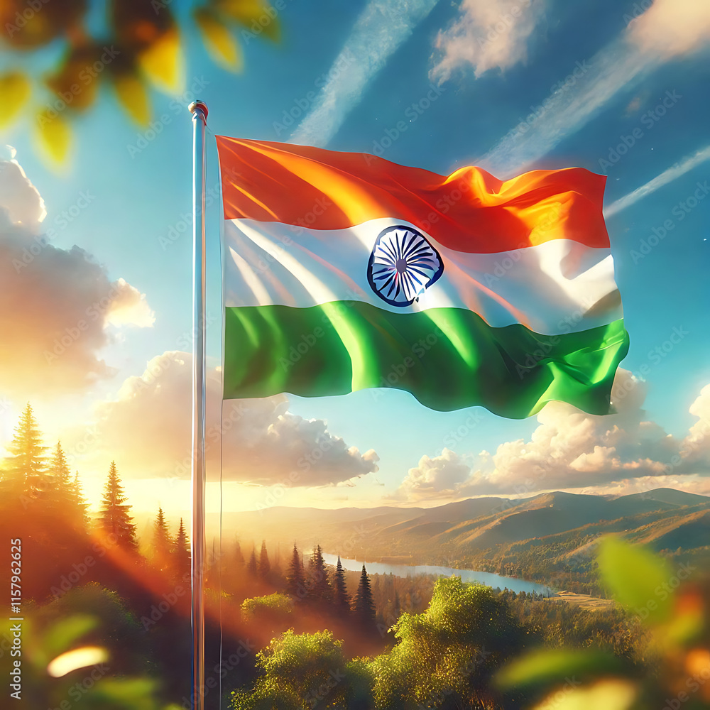 India flag isolated on the blue sky with clipping path. close up waving ...