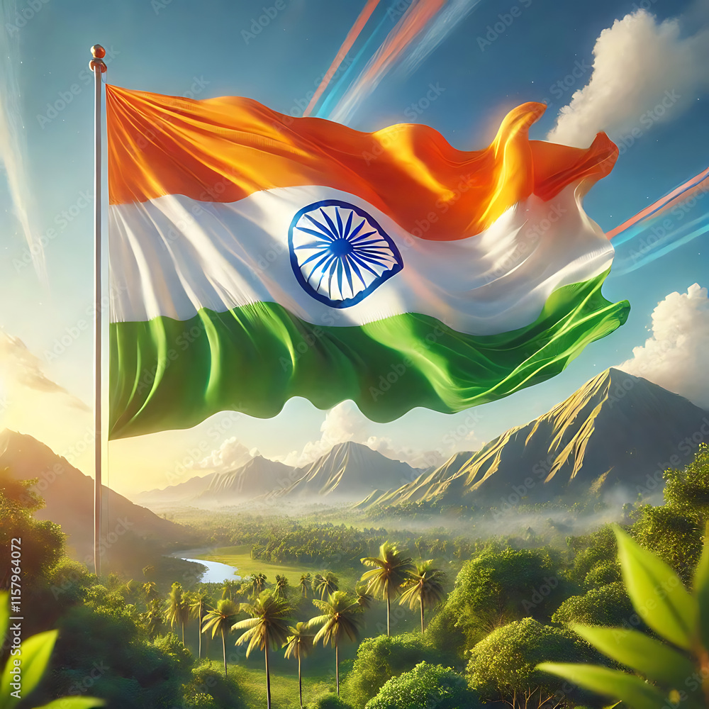 India flag isolated on the blue sky with clipping path. close up waving ...