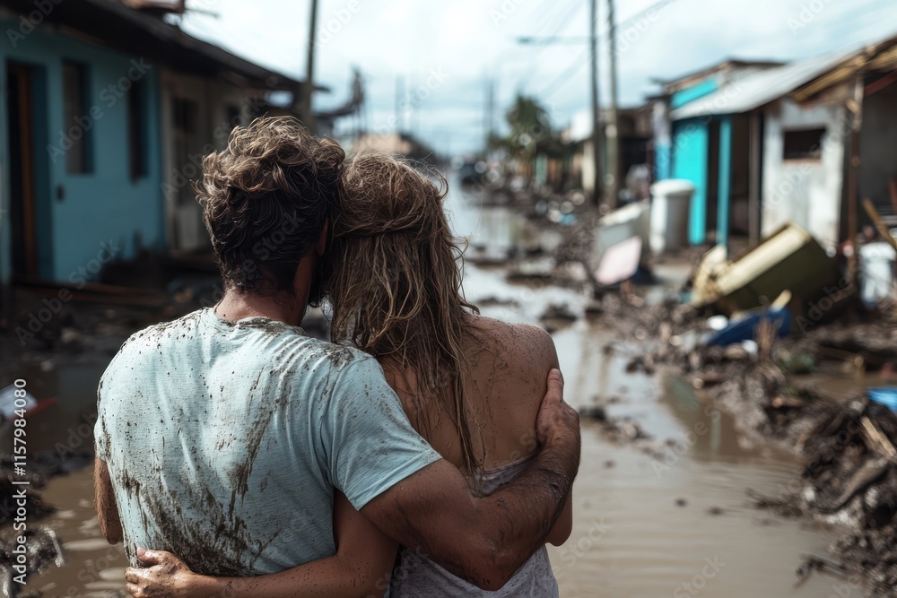 A muddy couple stands in the midst of a flood-destroyed street ...