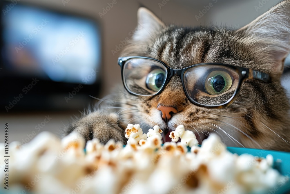 An endearing cat with large glasses is reaching for a bowl of popcorn ...