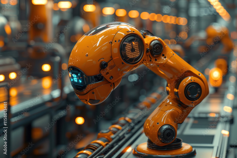 yellow industrial robot installed on a conveyor line inside a factory ...