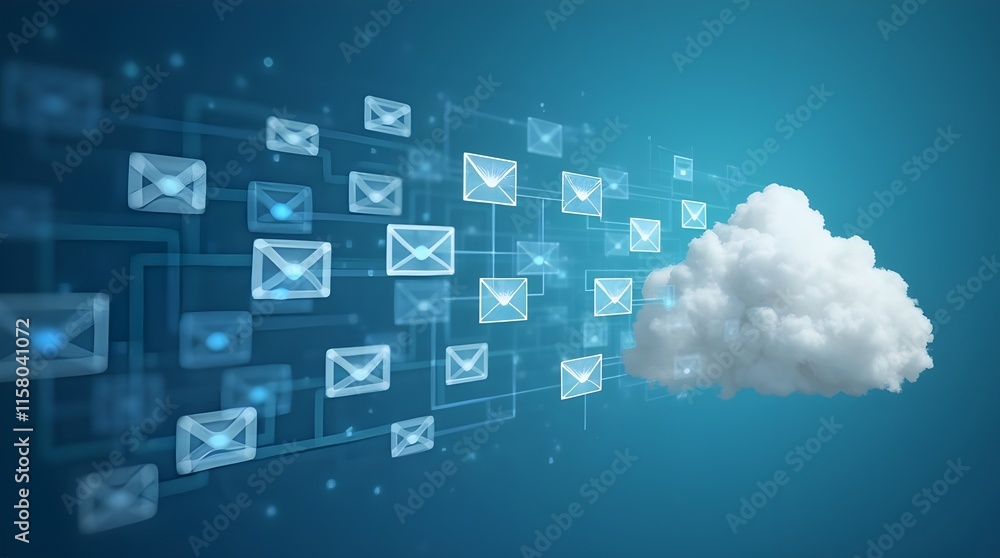 The image depicts an abstract design of a blue cloud with glowing ...