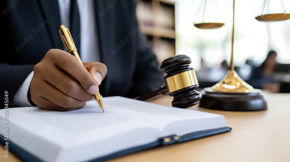 lawyer writing notes in legal book, surrounded by law symbols, conveys ...