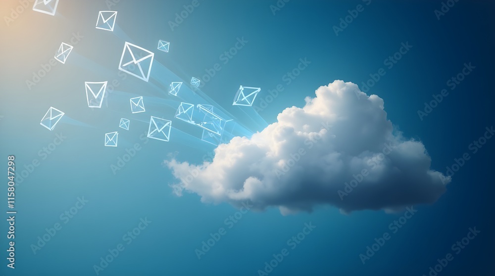 The image depicts an abstract design of a blue cloud with glowing ...