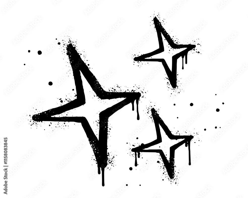 Spray painted graffiti sparkle icon. black over white. stars sparkle ...