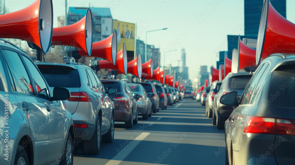 Traffic jam with cars and large megaphones creating noise in city ...
