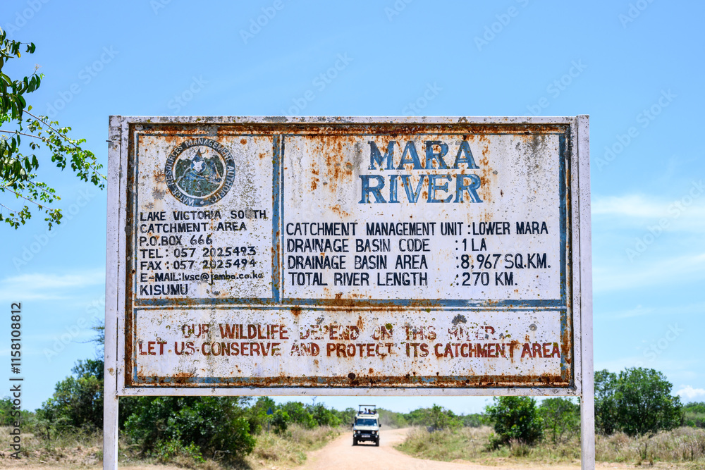 Old and weathered sign for Mara River Catchment Management Unit with ...
