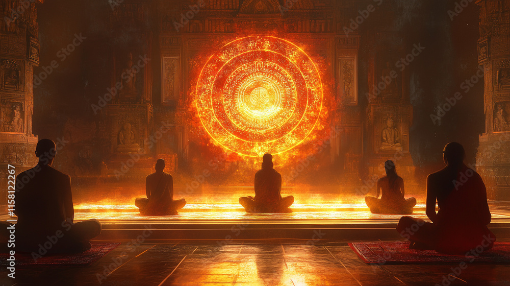 Mandala Puja, a glowing mandala in red, orange and yellow placed on a ...