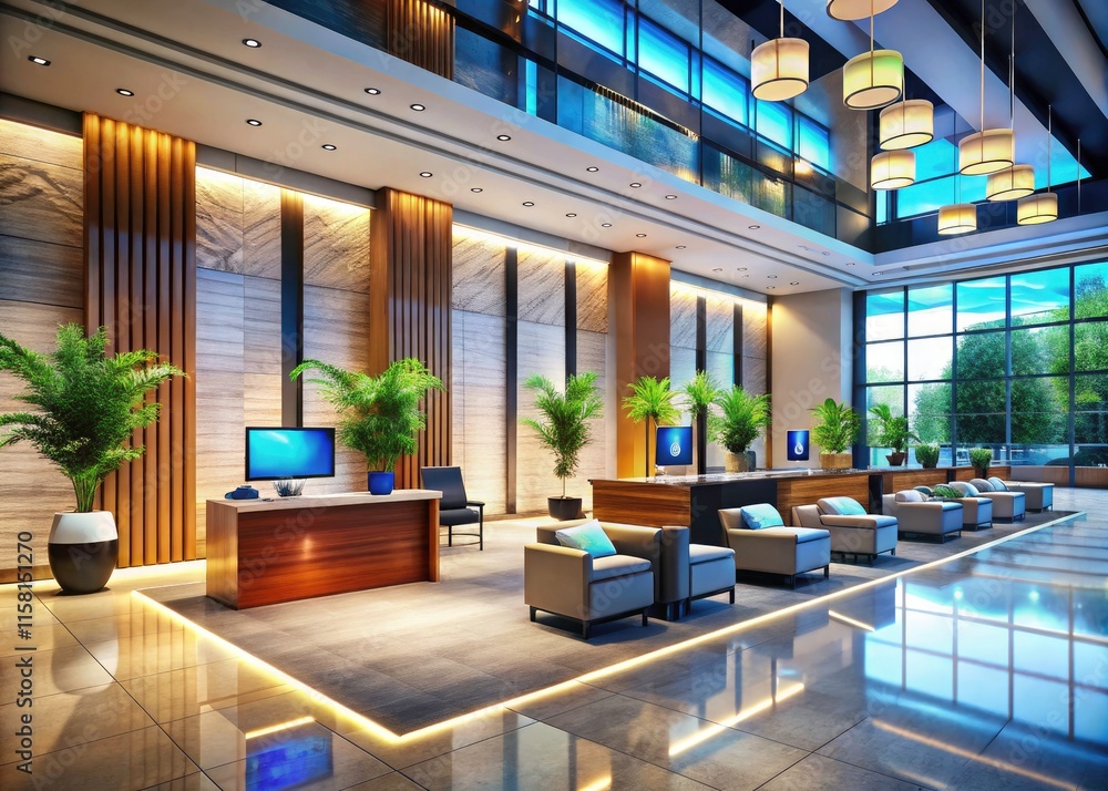 Modern Hotel Lobby Design: Digital Check-in Kiosks & Streamlined Hospitality Stock Illustration ...