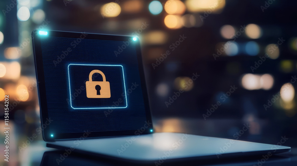 A laptop displaying a digital lock symbol, emphasizing cybersecurity and data protection in a ...