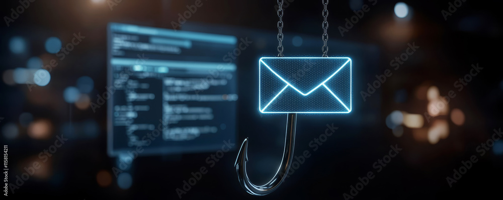 A digital illustration depicting a glowing email icon being hooked ...