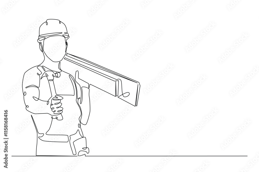 Carpenter carrying stack of wooden boards in continuous one line ...