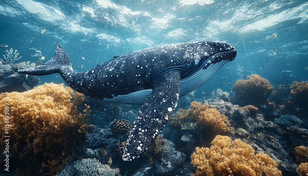 Whale navigating through a thriving ocean ecosystem, illustrating the ...