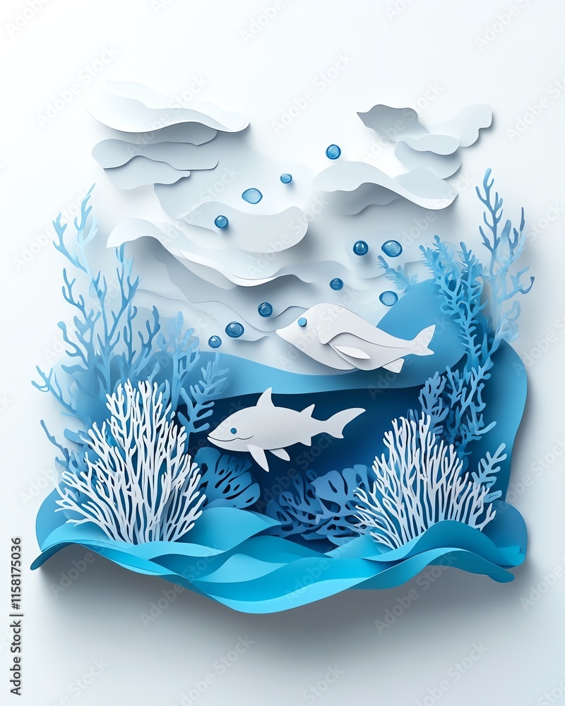 Delicate paper art of a thriving ocean ecosystem, with coral reefs ...