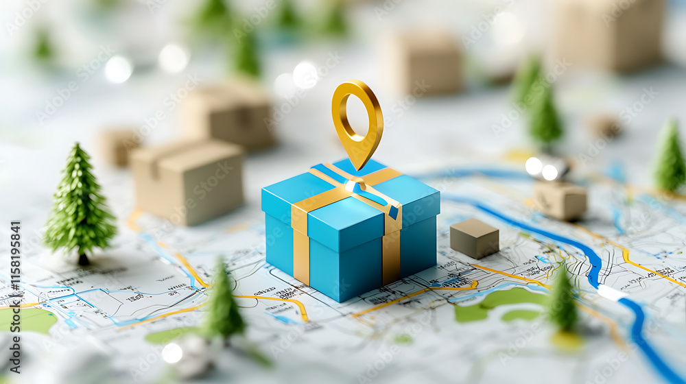 gift box with location pin on map, symbolizing delivery tracking and ...