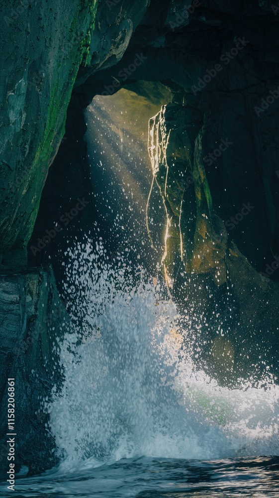 Waterfall Inside Cave with Light Rays Wallpaper Stock Photo | Adobe Stock