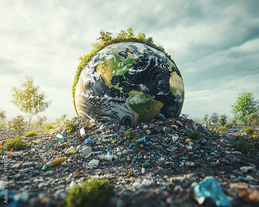 Plasticfilled world, Earth choked by garbage, overflowing landfills ...