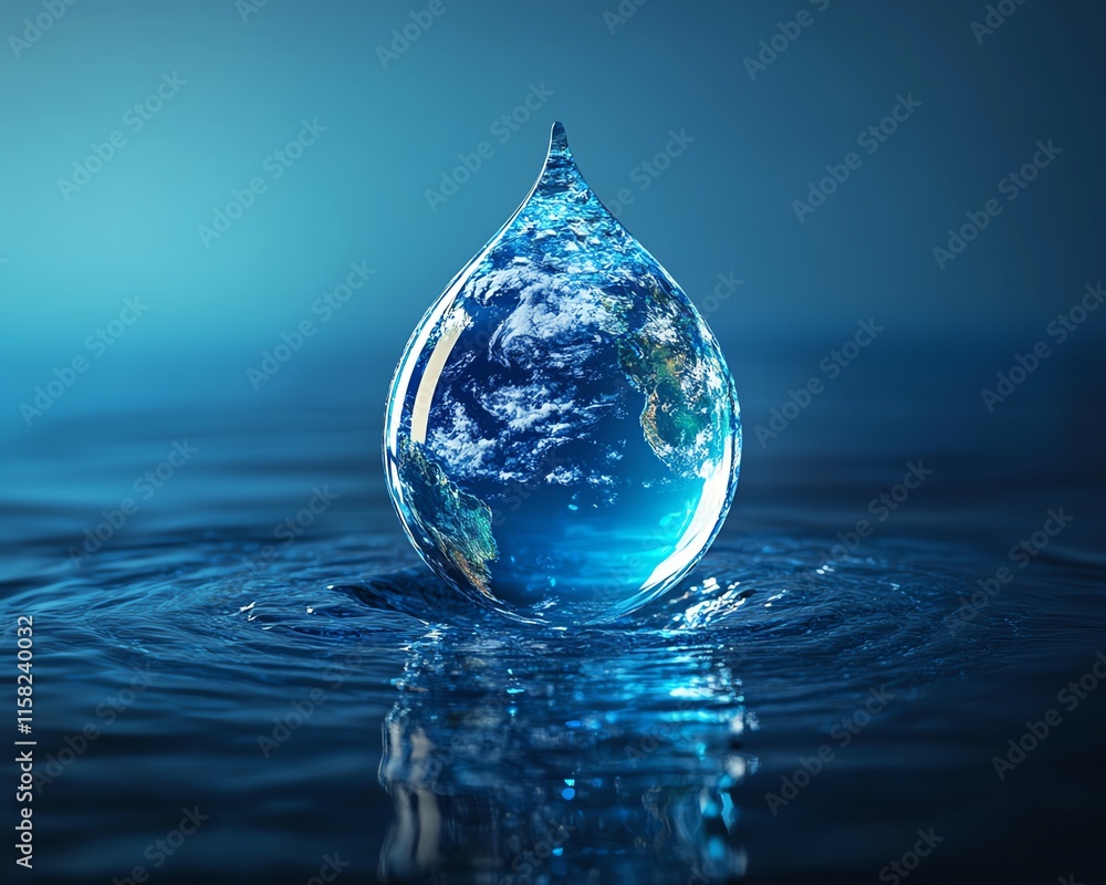 Global water conservation theme, Earth in the shape of a water droplet ...