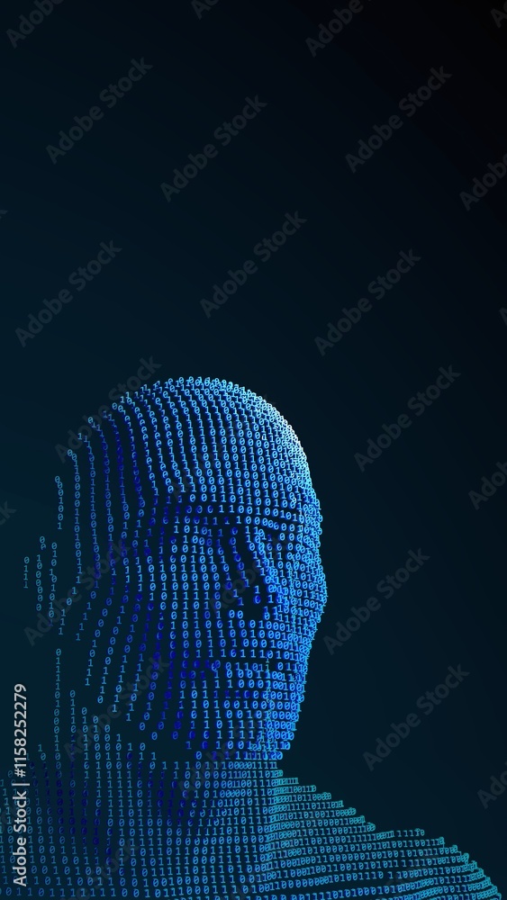 Vertical binary humanoid face in profile on a dark gradient background ...