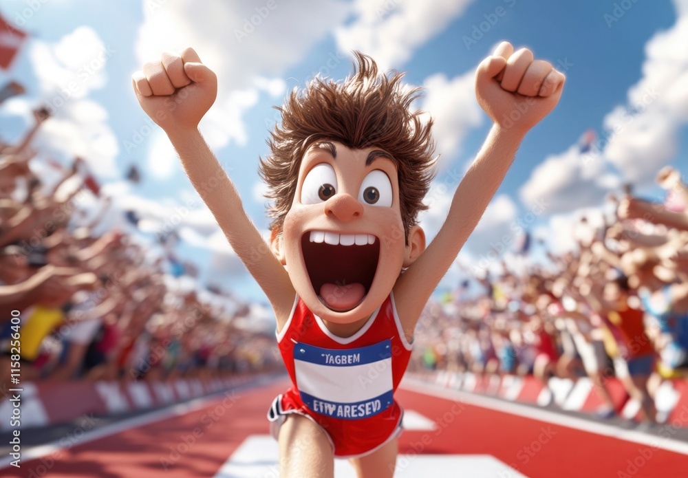 Excited Animated Child Celebrating Victory at a Race Finish Line Stock ...