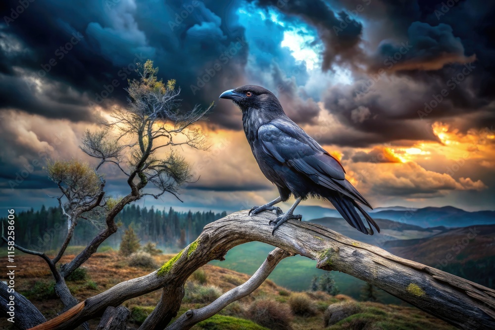 Panoramic black raven: gothic night sky, dark forest, mysterious ...