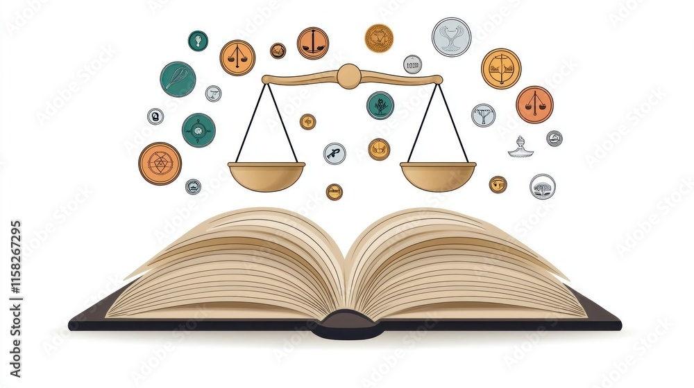Open Book with Scales of Justice and Various Symbols Depicting Law ...
