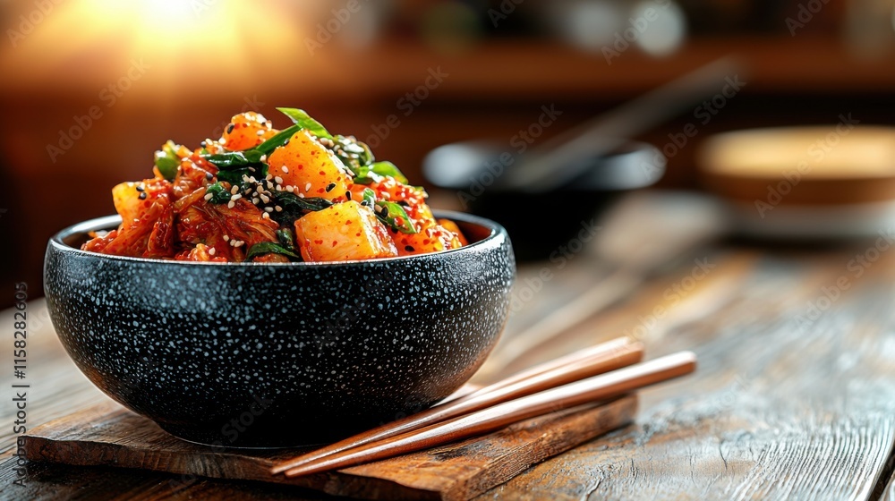 Authentic Korean Cuisine: Fermented Kimchi in Ceramic Bowl on Rustic ...