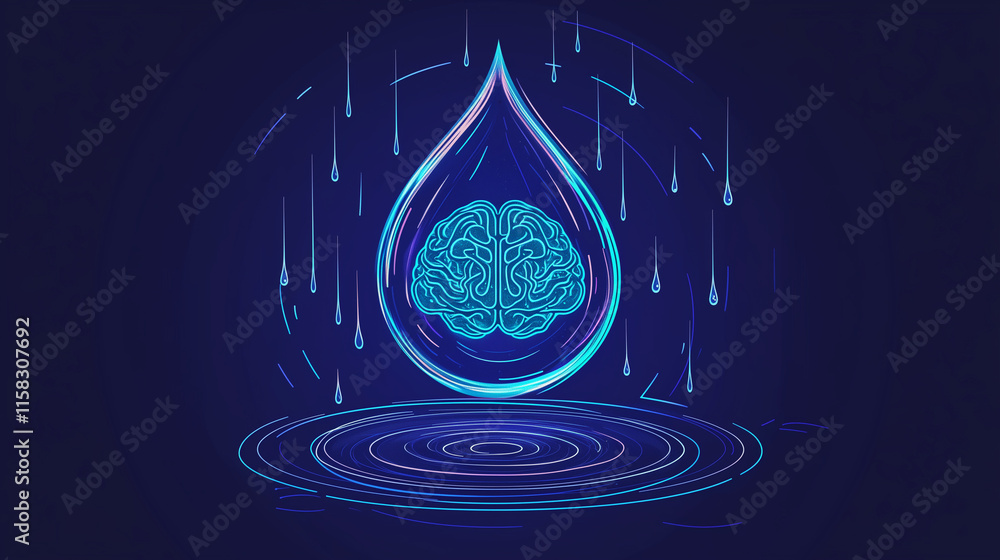 Visualize an iconic raindrop with an icon of a human brain inside the ...