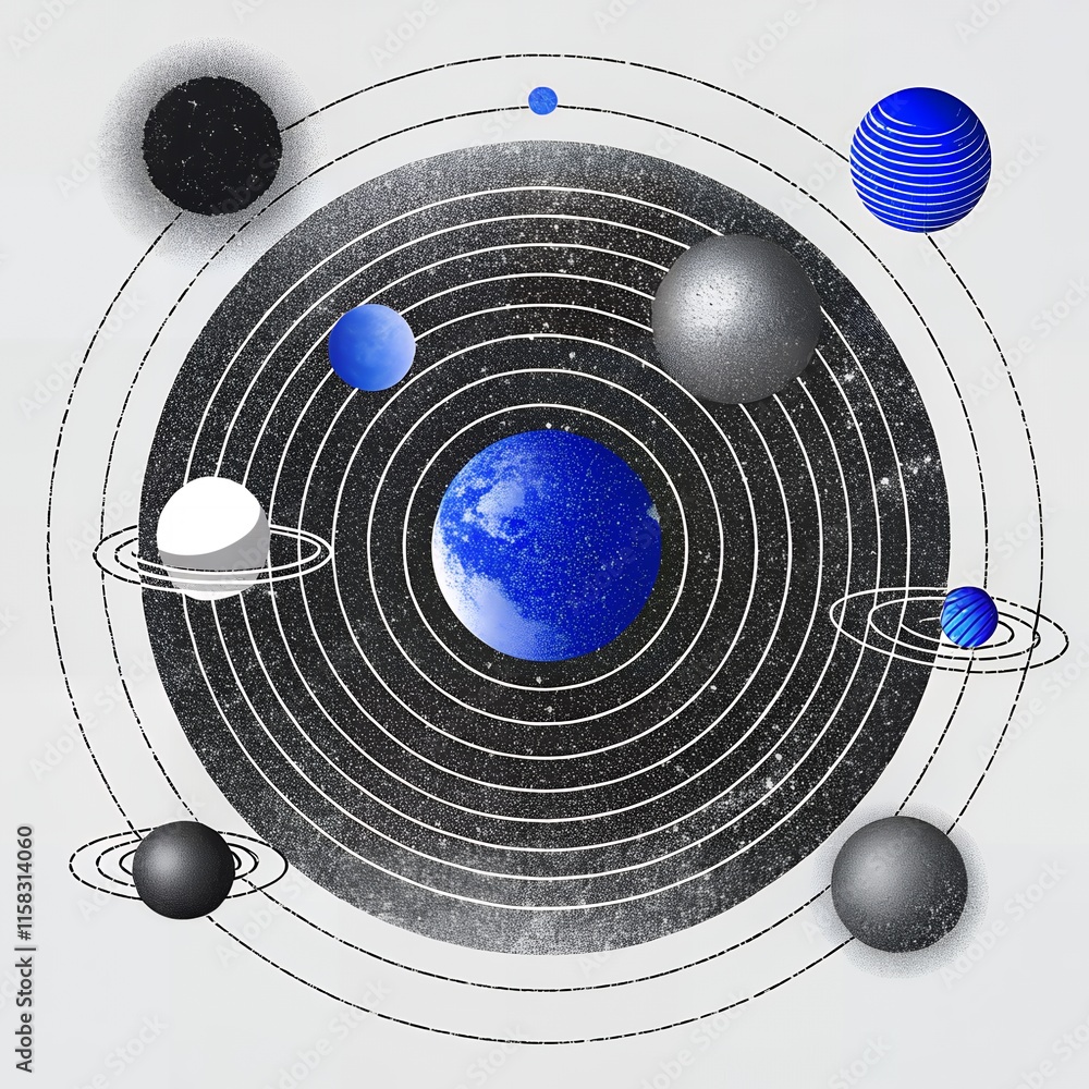 Vintage Bitmap Black And White Solar System Illustration Art. Stock ...