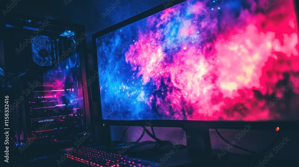 Vibrant nebula wallpaper displayed on a gaming PC setup with keyboard ...