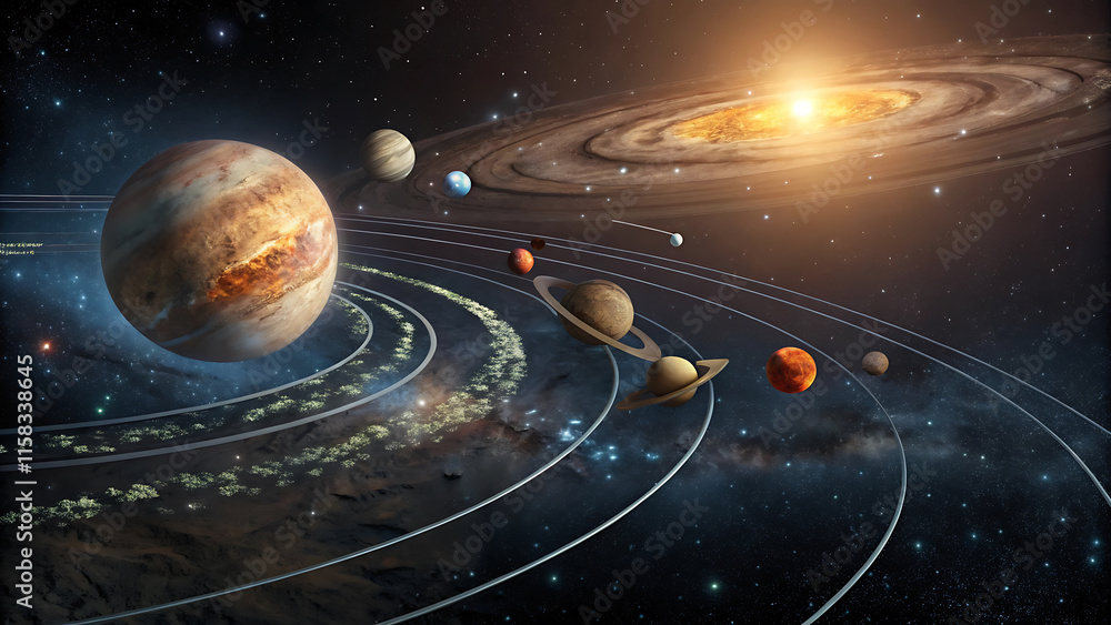 Cinematic depiction of solar system planets in orbit with vibrant ...