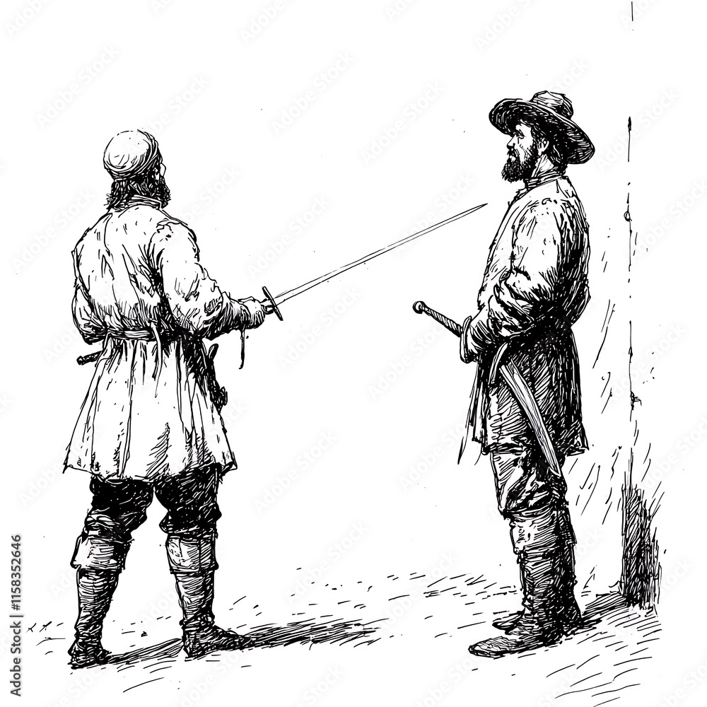 Black and white illustration of two historical figures, one holding a ...