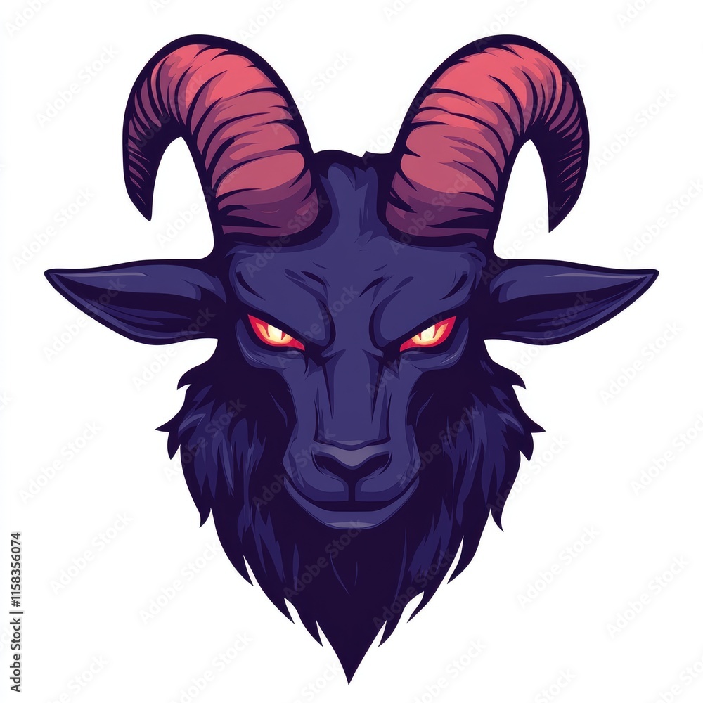 A stylized illustration depicts a dark colored goats head with large ...