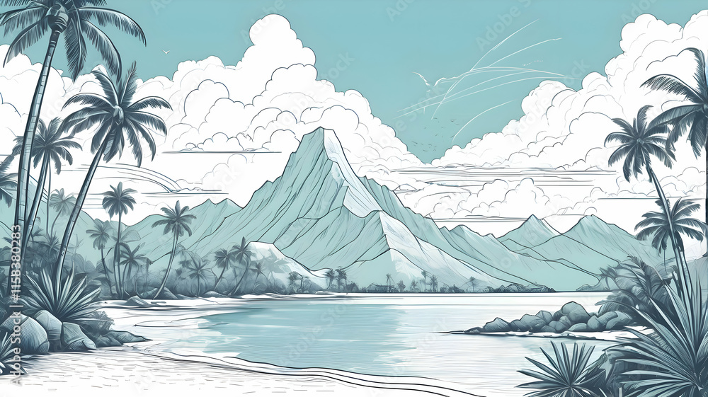 Tropics oasis island line drawing. Abstract tropical landscape ...