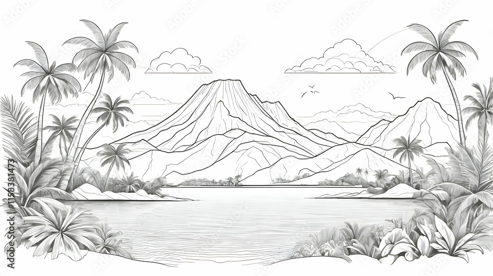 Tropics oasis island line drawing. Abstract tropical landscape ...