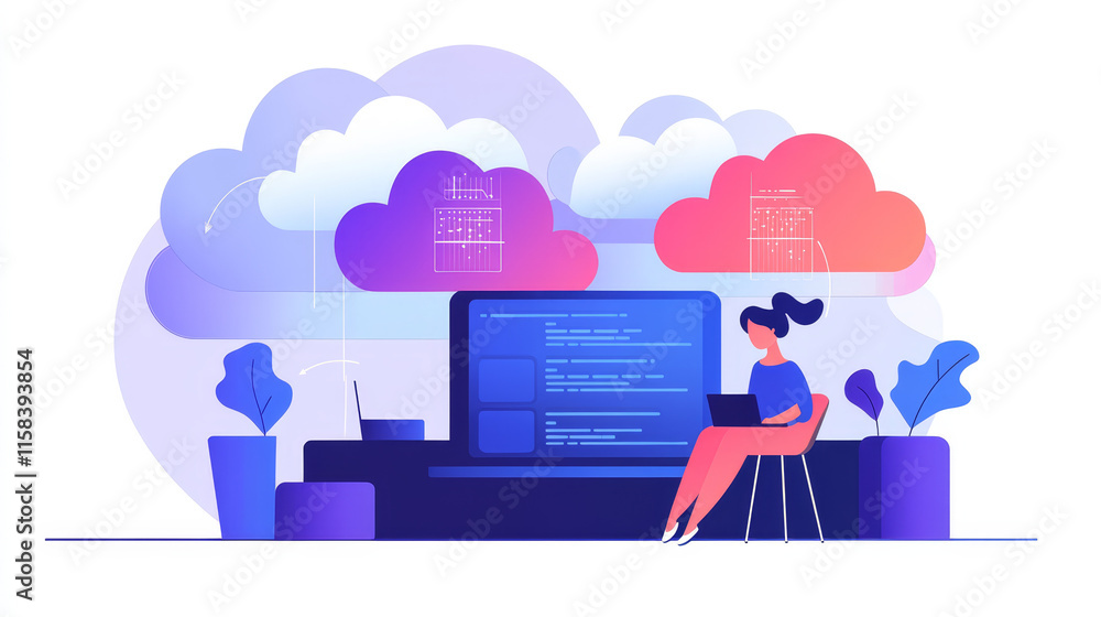 Abstract cloud technology with big data and interface concept Connection by collecting data in ...