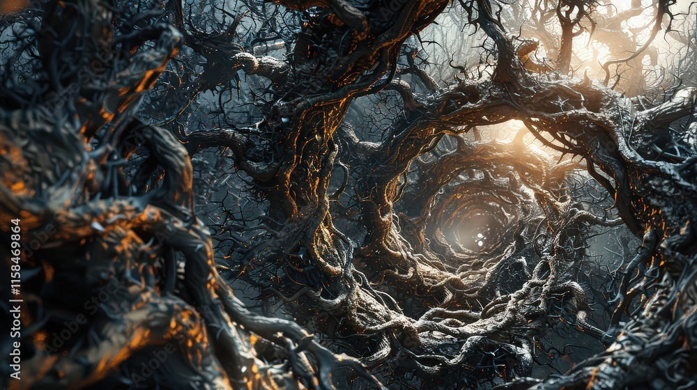 A tangled maze of thorns and brambles, representing the complexities of ...