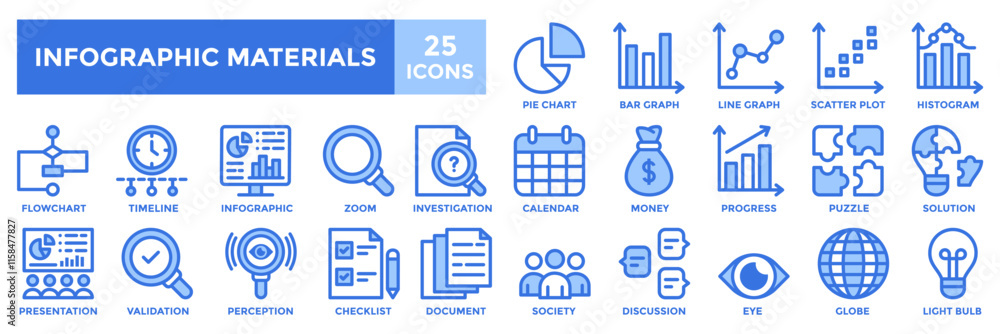 Infographic materials icon collection set.Containing pie chart, bar ...