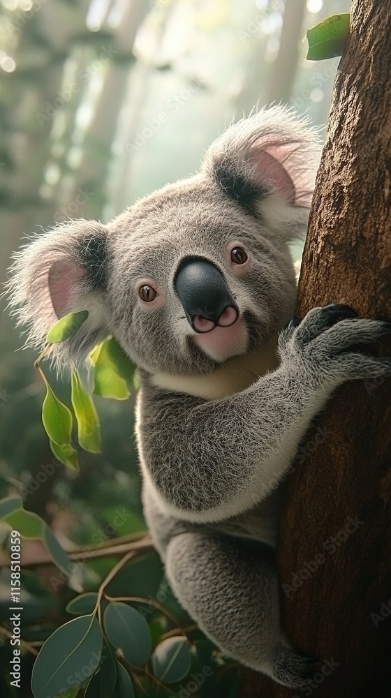A realistic photo of a koala taking a selfie while hanging onto a ...