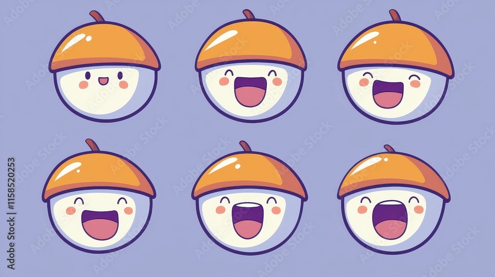 Cute Acorn Characters Happy Emojis Kawaii Faces Illustration Set Stock ...