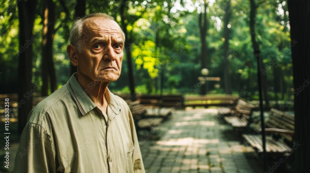 Elderly person standing alone, looking confused and uncertain ...
