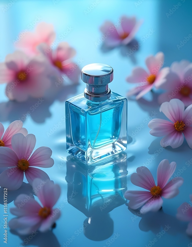 Minimal perfume bottle and flowers all over the set, top light on top ...