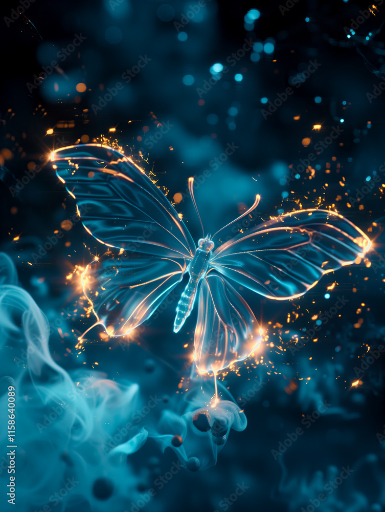 glowing translucent fluorescent, minimal Outline of a butterfly ...