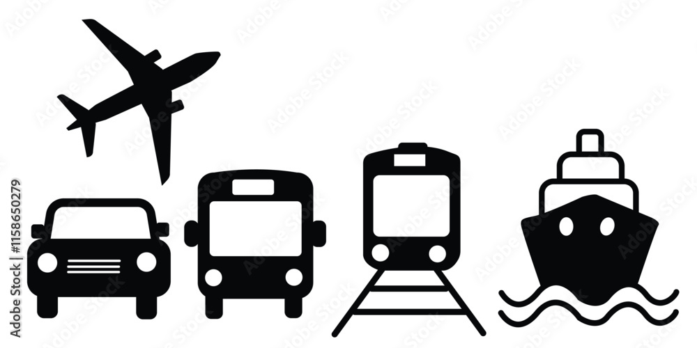 Transport icons for airplanes, public buses, trains, boats/ferries and ...
