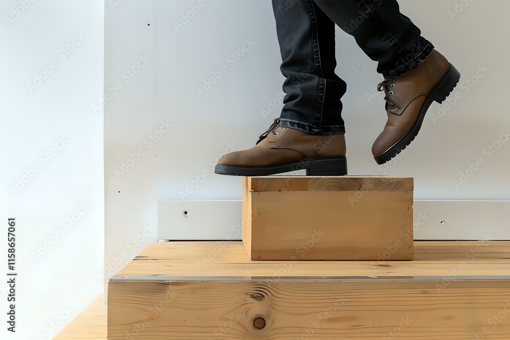 Person in Brown Boots Steps Up Wooden Platform; Ascending Simple Wooden ...