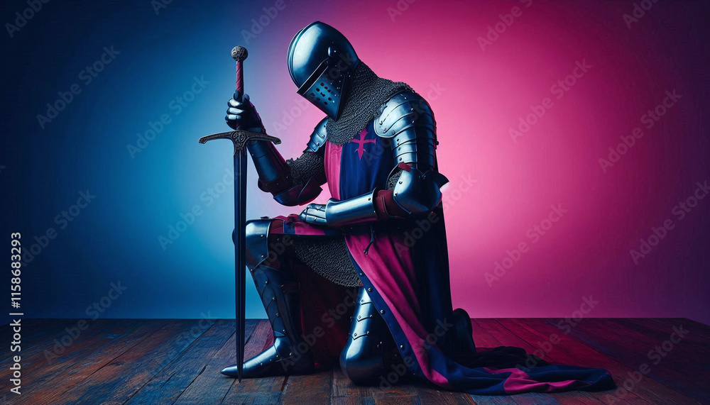 Medieval knight in armor kneels with his sword, expressing a moment of ...