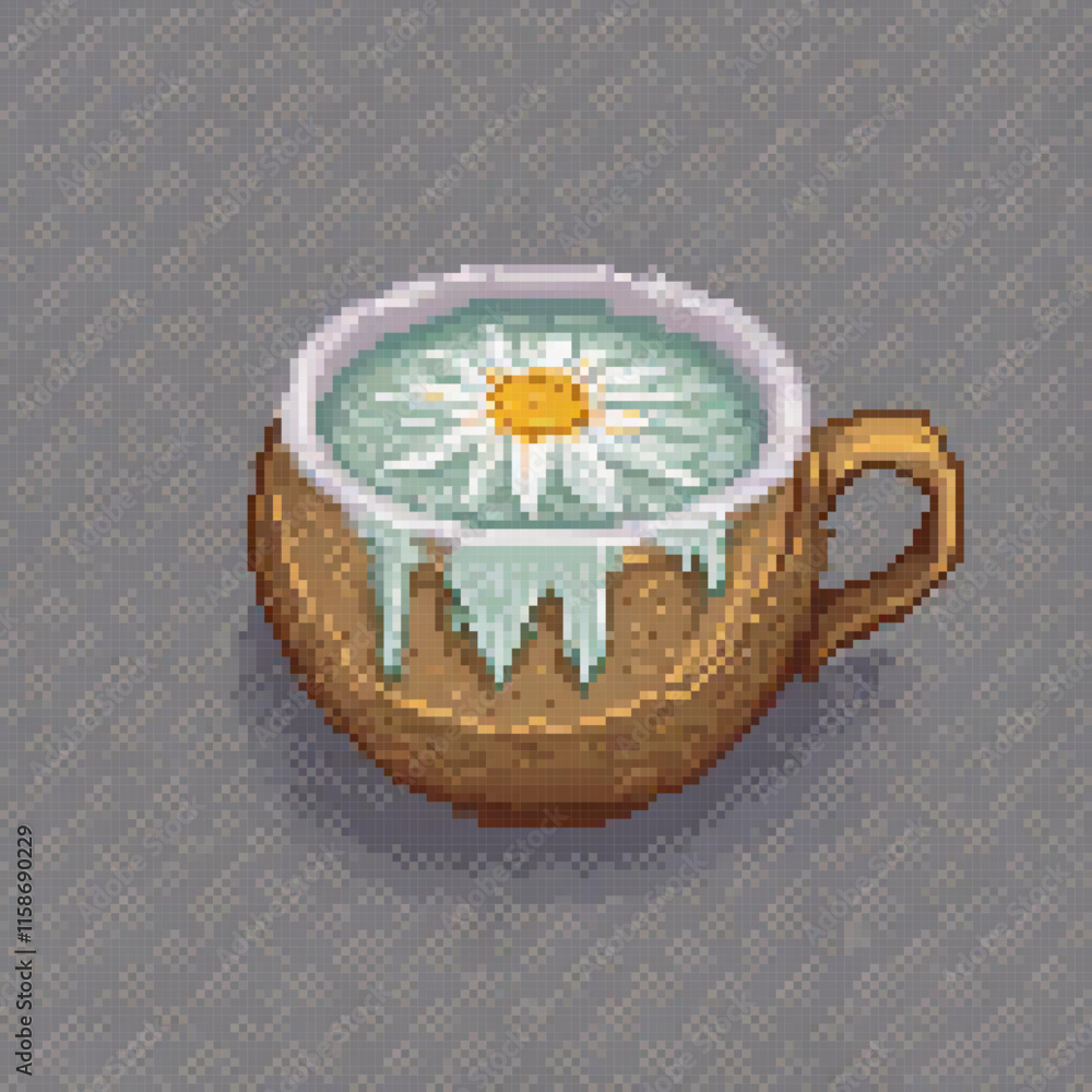 Pixel art image depicts cup white daisy floating cold beverage possibly ...