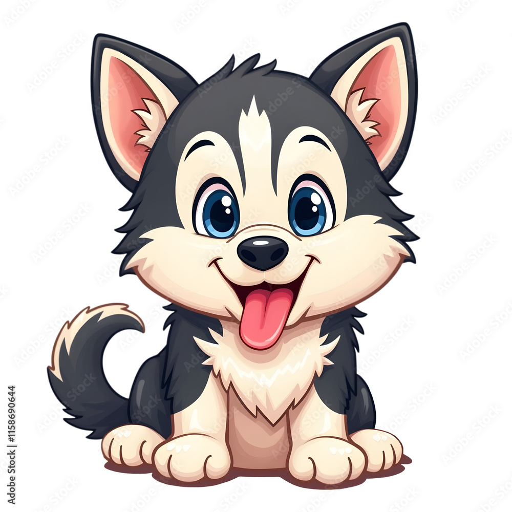 Cute cartoon husky puppy with blue eyes and pink tongue sitting on a ...